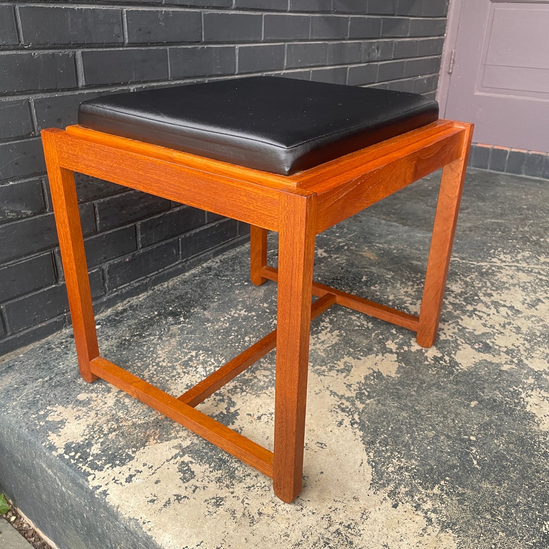 Danish Vintage Teak Black Vinyl Flip-top Vanity Stool Side - Etsy