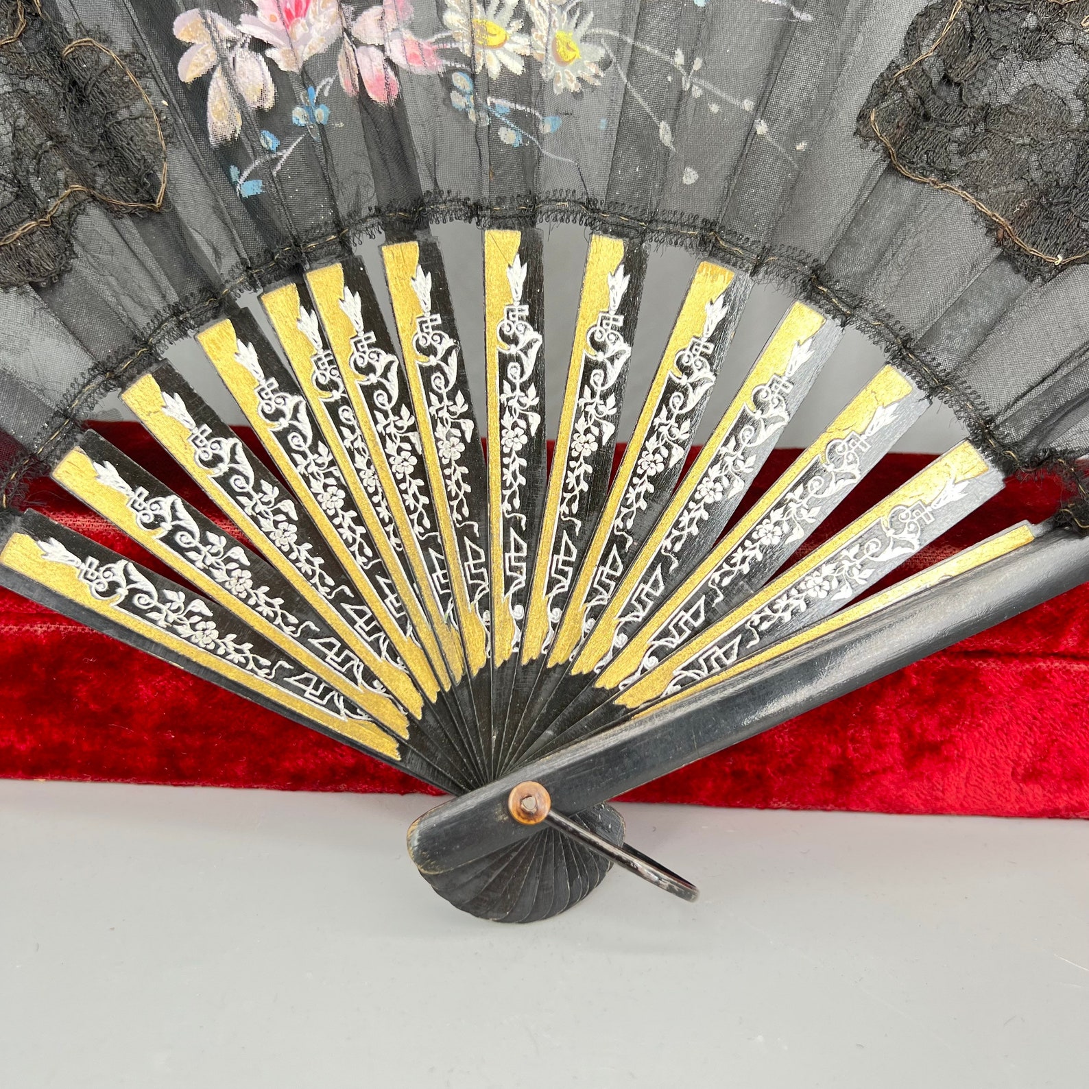 Victorian Fan & Velvet Box Hand Painted Lace Antique - Etsy