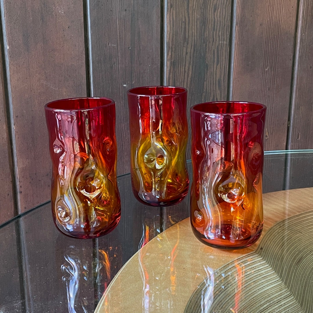 Blenko Glass Tumbler Pinched Dimpled Red Orange Set 3 Vintage Mid ...
