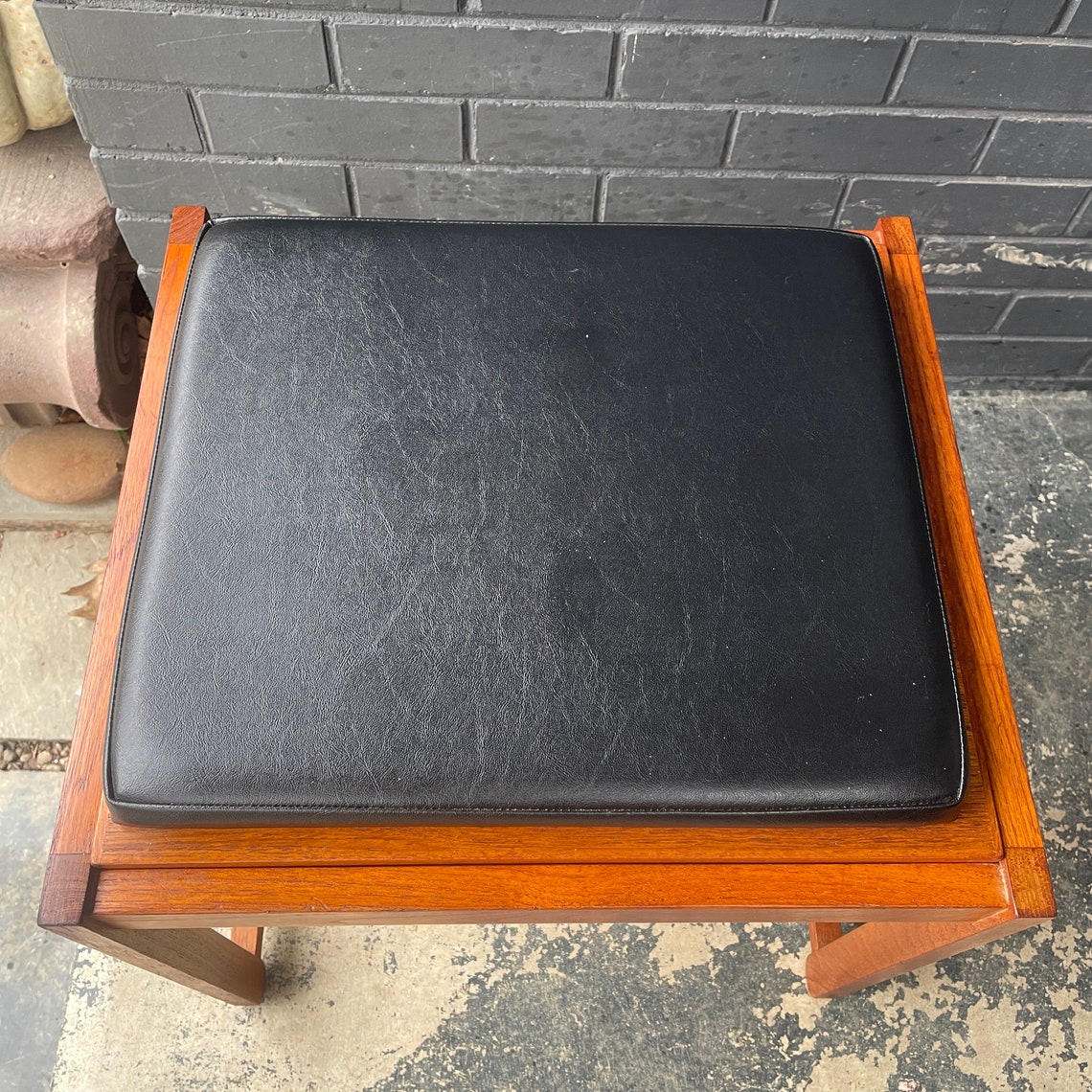 Danish Vintage Teak Black Vinyl Flip-Top Vanity Stool Side | Etsy