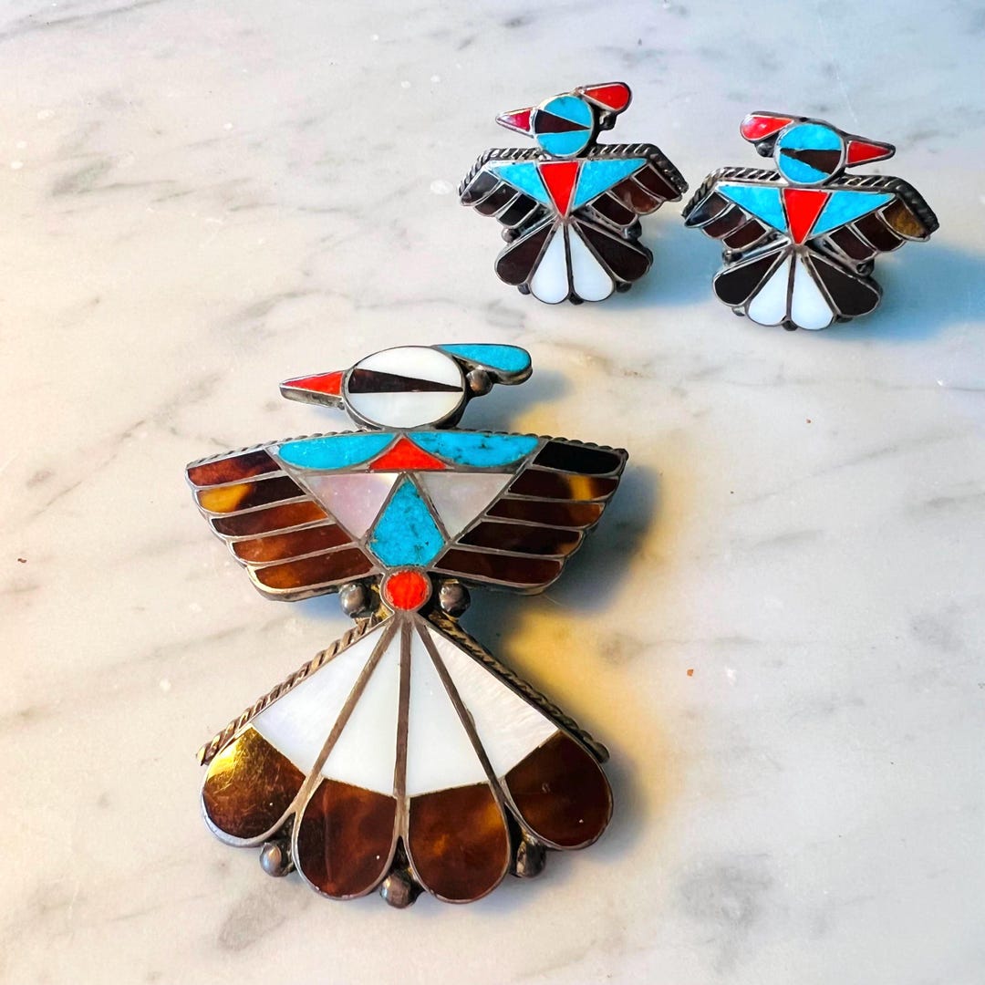 Vintage Zuni Thunderbird Turquoise Set Brooch Earrings Clip Navajo ...