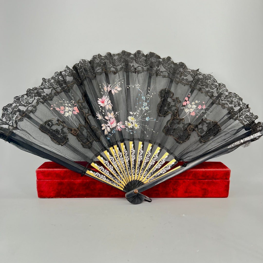 Victorian Fan & Velvet Box Hand Painted Lace Antique - Etsy
