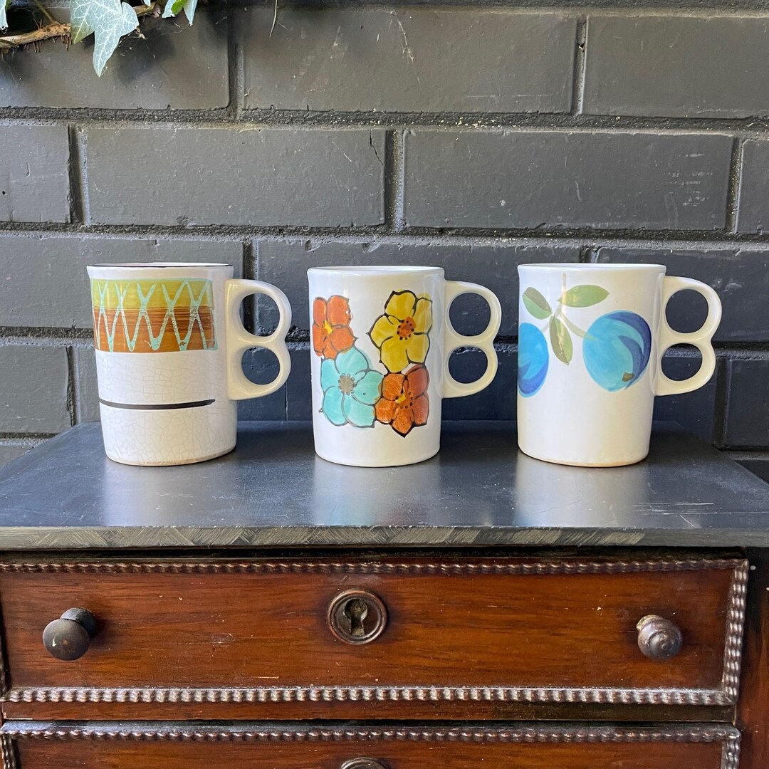 Vintage 1970s Japanese Trigger Handle Coffee Cups Mid-century Flower ...