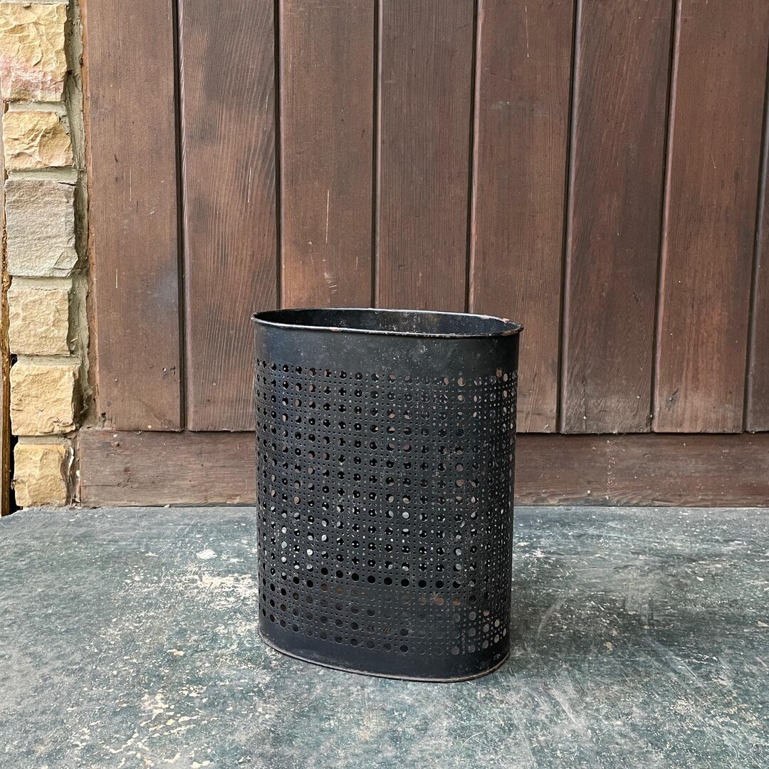 Mid-century Metal Perforated Trash Can Pattern Faux Rattan Cane Caning ...