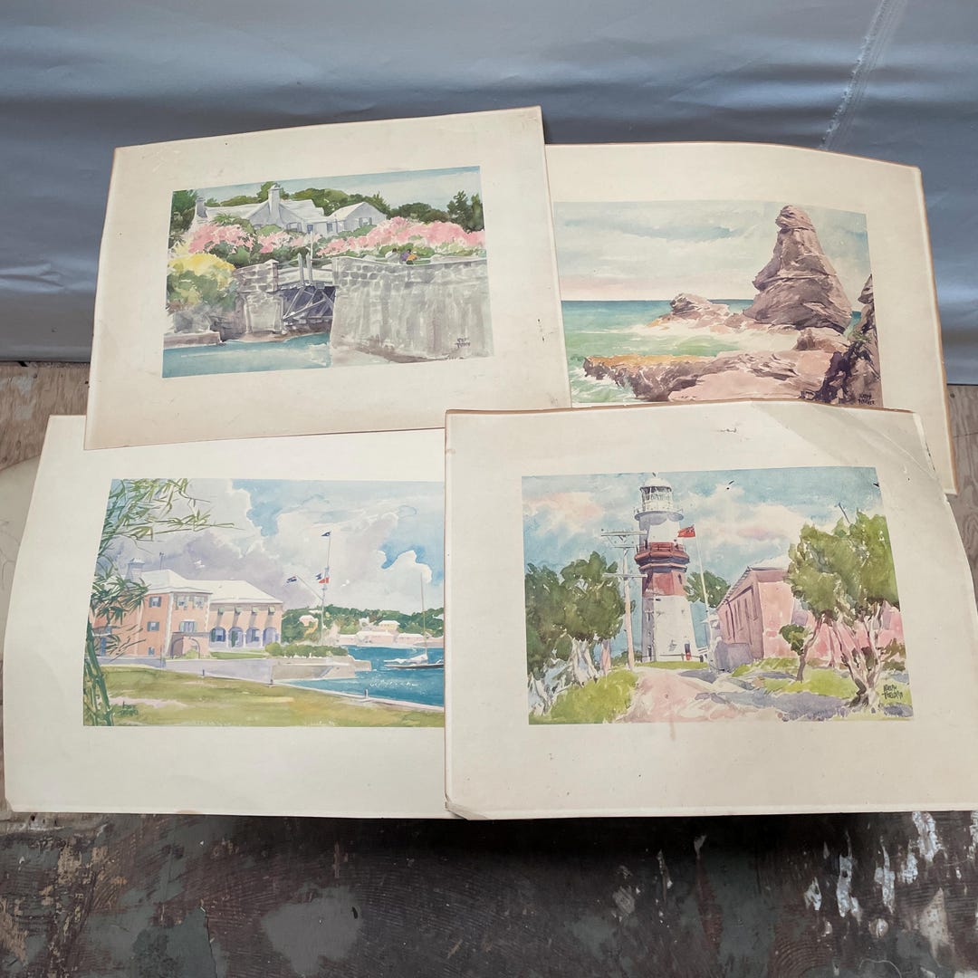 Set of 4 Adolph Treidler Bermuda Watercolors Lithographs Vintage Mid ...