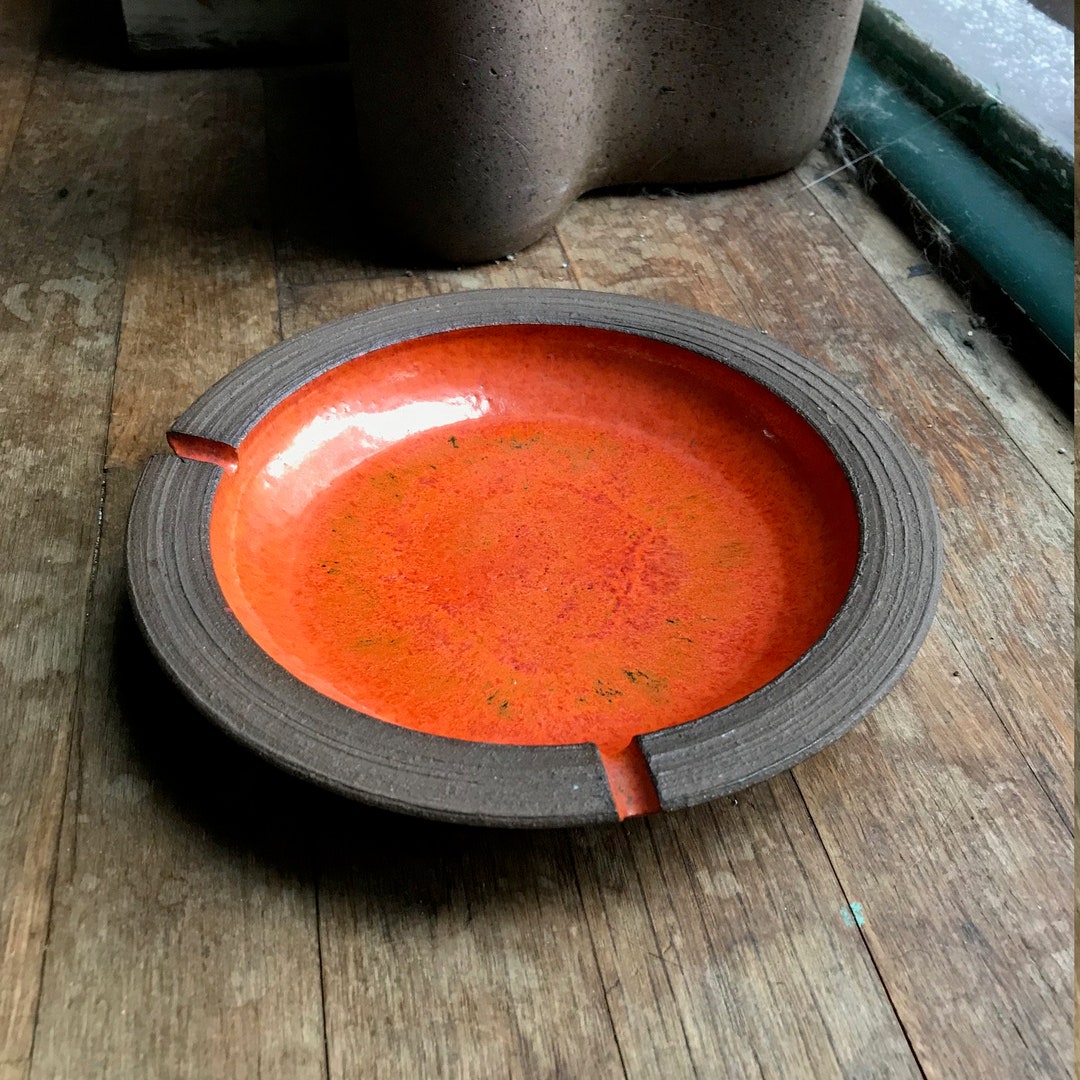 Japanese Studio Pottery Orange Glazed Terracotta Sun Bowl Ashtray Dish ...