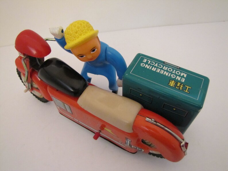 Vintage Battery Operated Engineering Motorcycle Tin Toy hong Kong ME ...