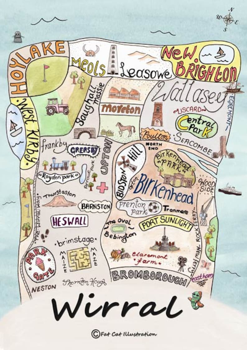 Wirral Map-illustrated Wirral-Wirral print-Wirral gift | Etsy