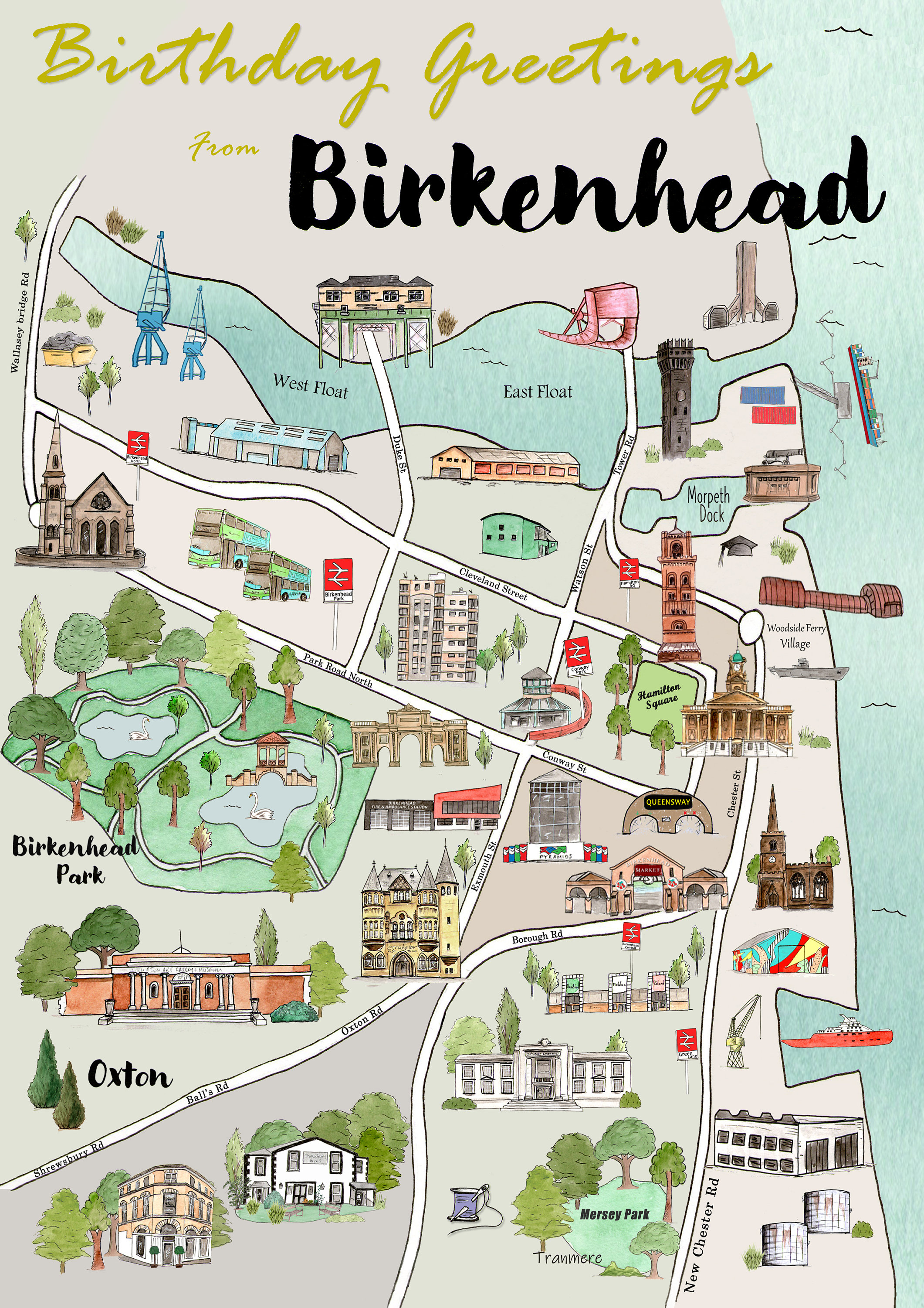 Birkenhead Birthday Card-Birkenhead map-Illustrated Birkenhead print ...