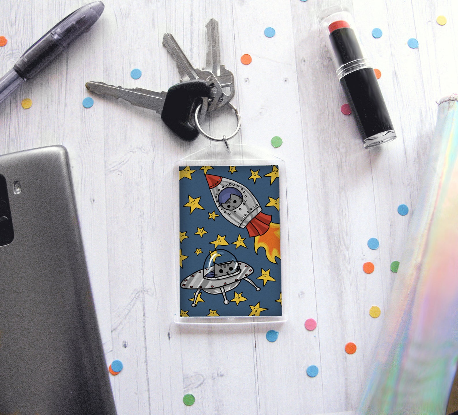 Cute Cat Keychain Rocket Cat UFO Kitty Star Keychain Space | Etsy
