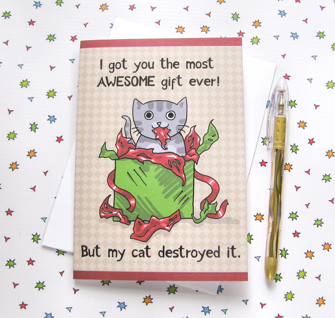 Cat Destroyed Gift Funny Christmas Greeting Card - Etsy