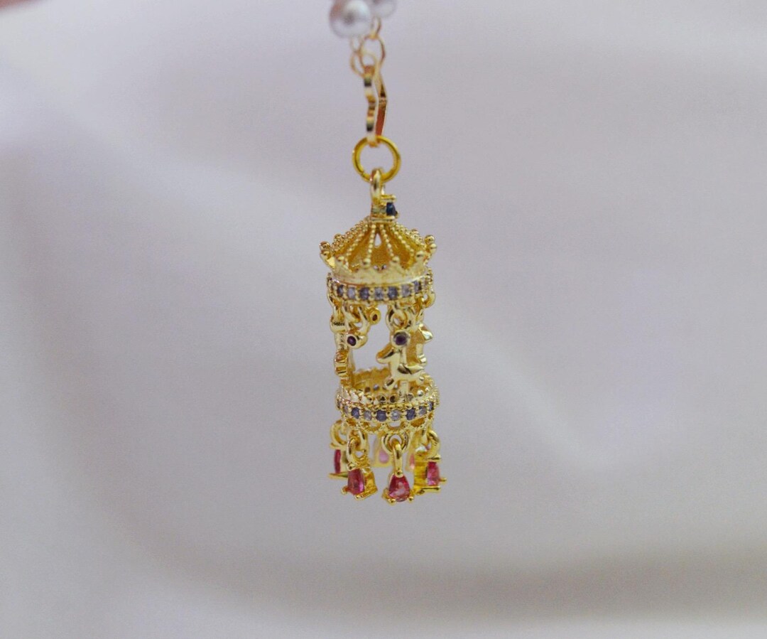 30mm 3D Golden Carousel Charm Delicate Detail Dangle Zircon Rhinestone ...