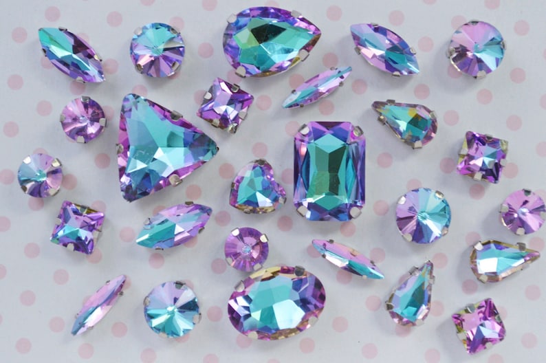 Mix Shape Pastel Blue Purple Emerald Heart Teardrop Diamond Sew on ...