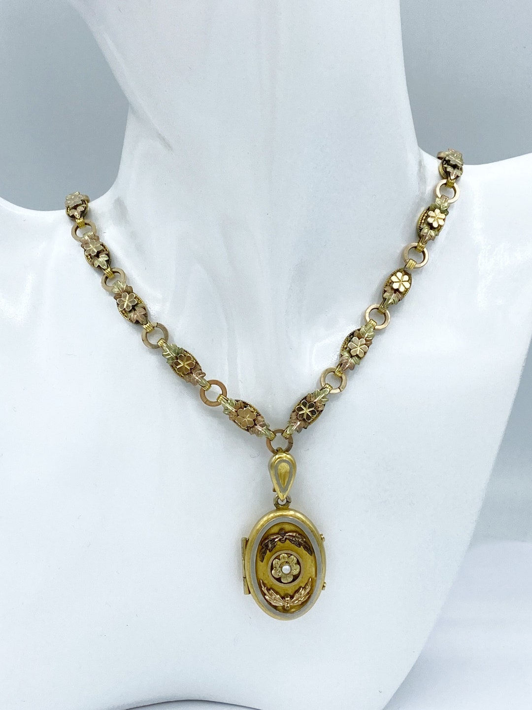 Antique Victorian Tri-gold Filled Locket & Ornate Floral Book Chain ...