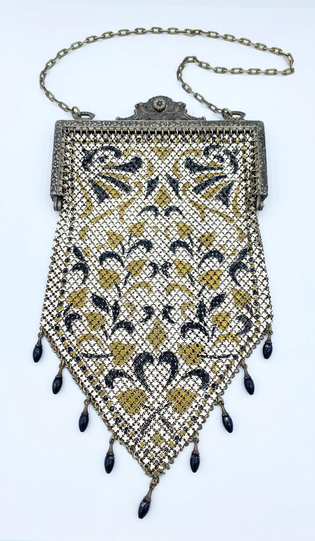 Antique Art Deco Mandalian Enamel Mesh Purse W/ Black Enamel Drops ...