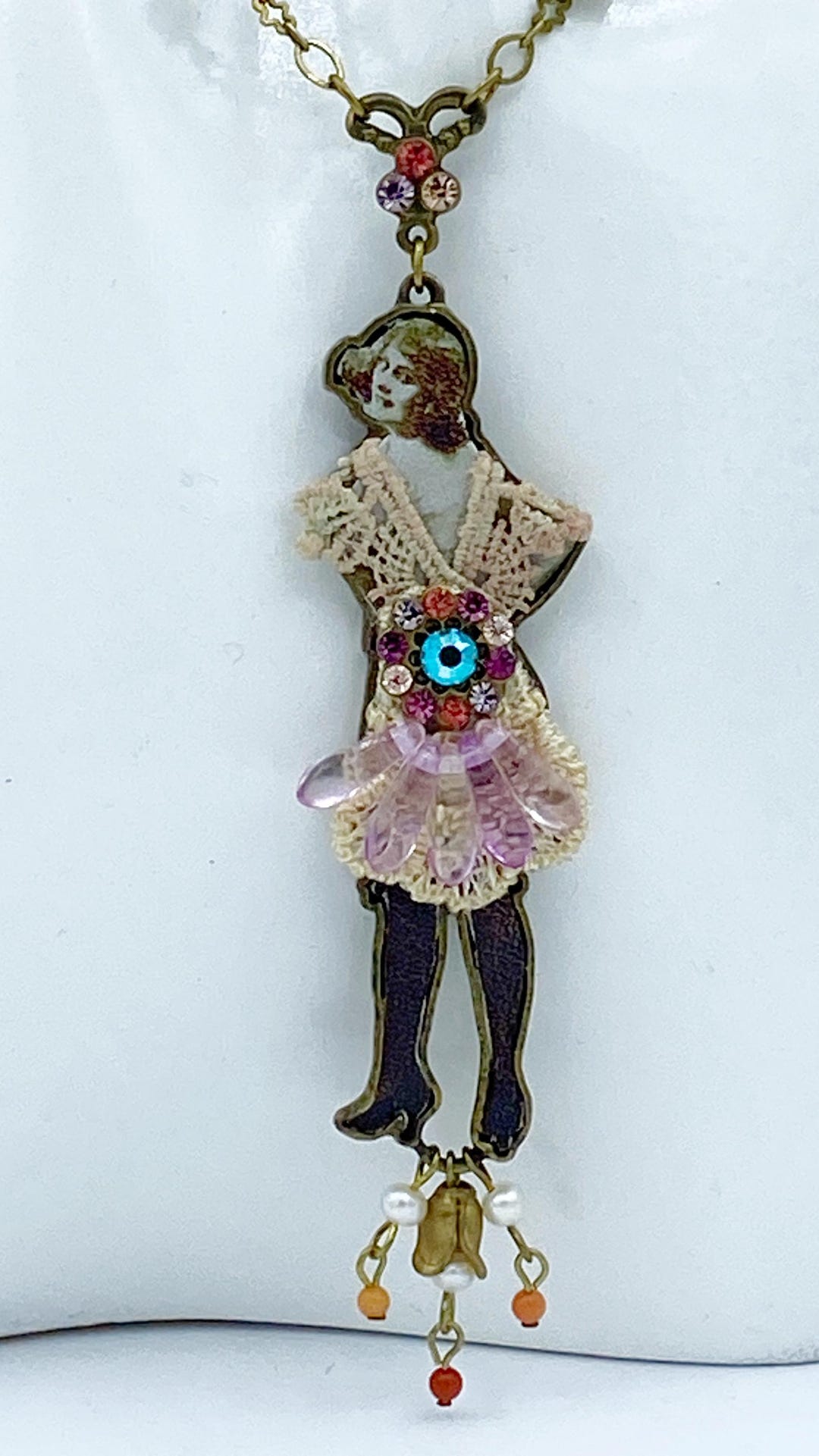 Michal Negrin Coy Lady/woman in Lace Dress Necklace 20" NIB - Etsy