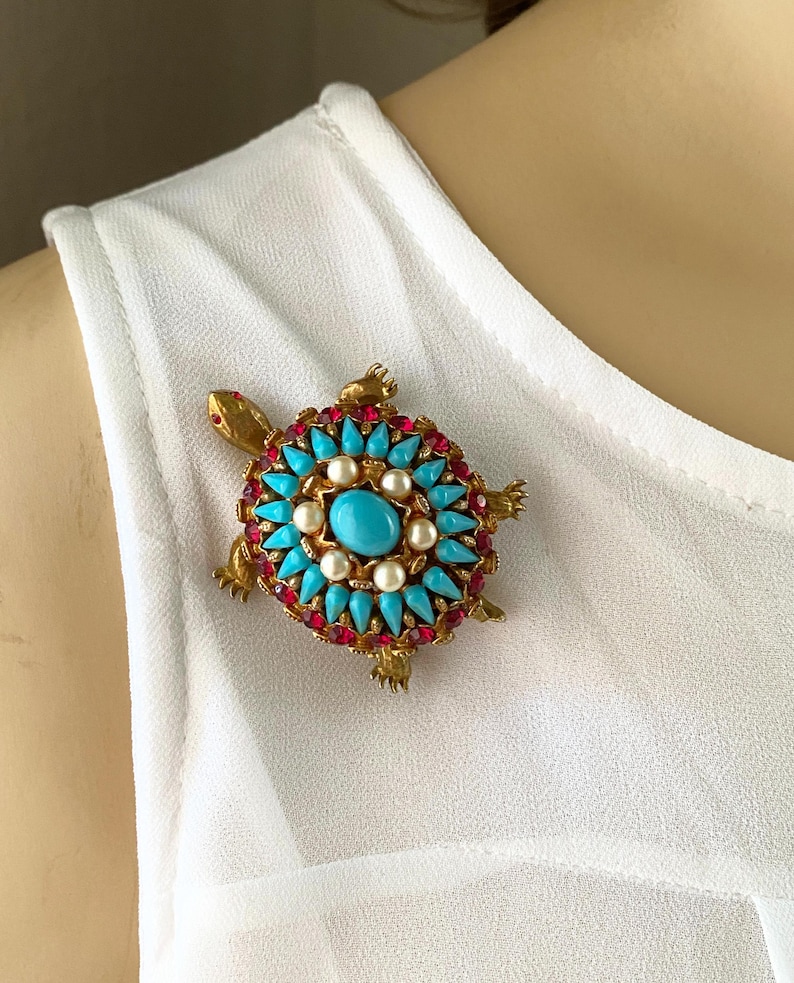 Vintage HAR Gold-tone Faux Turquoise & Rhinestone Turtle Pin - Etsy