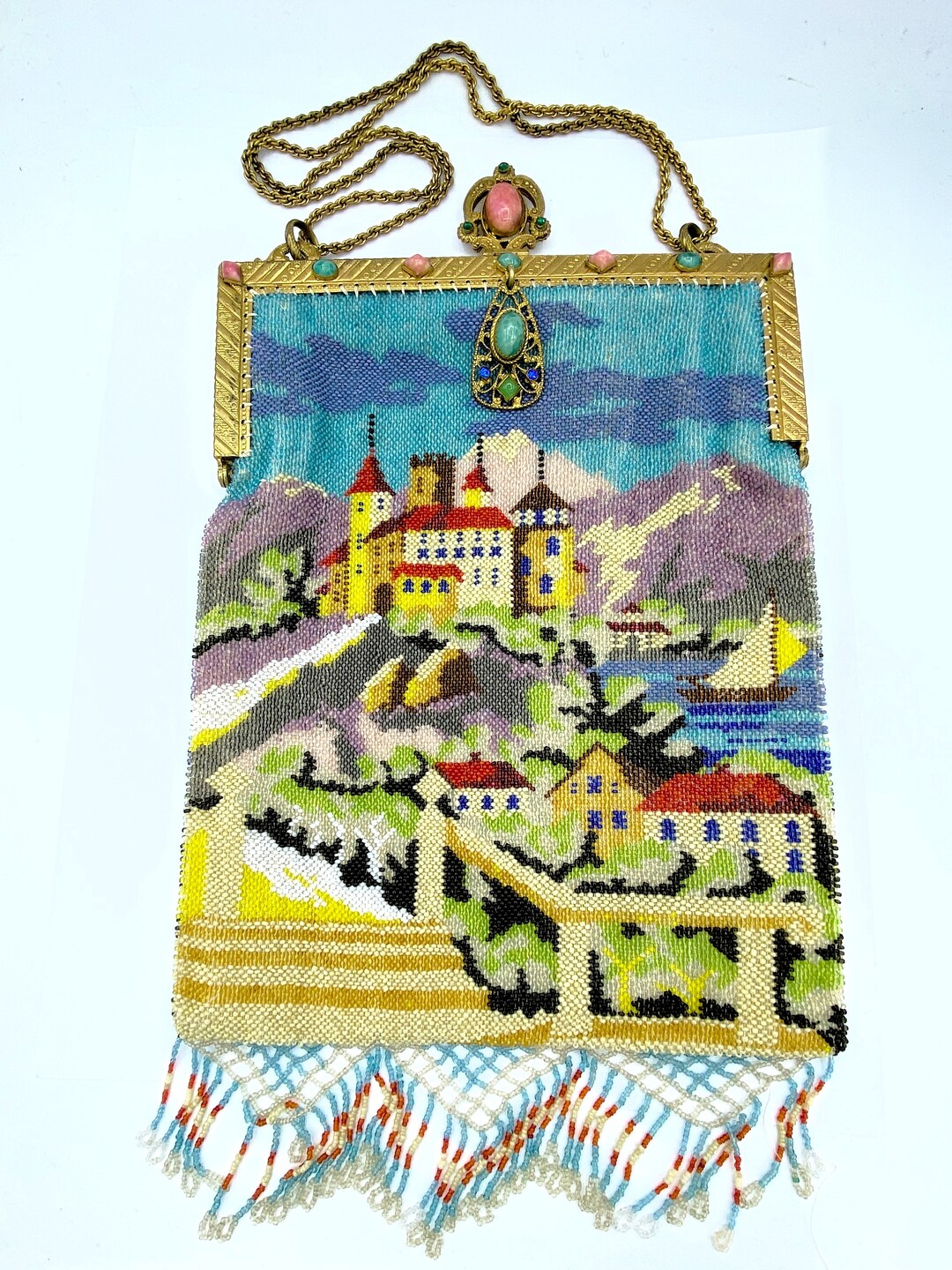 Antique Micro-beaded Purse W/ Scenic Castle Ship Buildings Jeweled ...