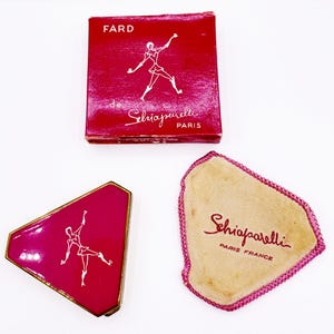 Vintage Schiaparelli Pink Enamel Mirrored Rouge Compact W/ Box & Pouch ...