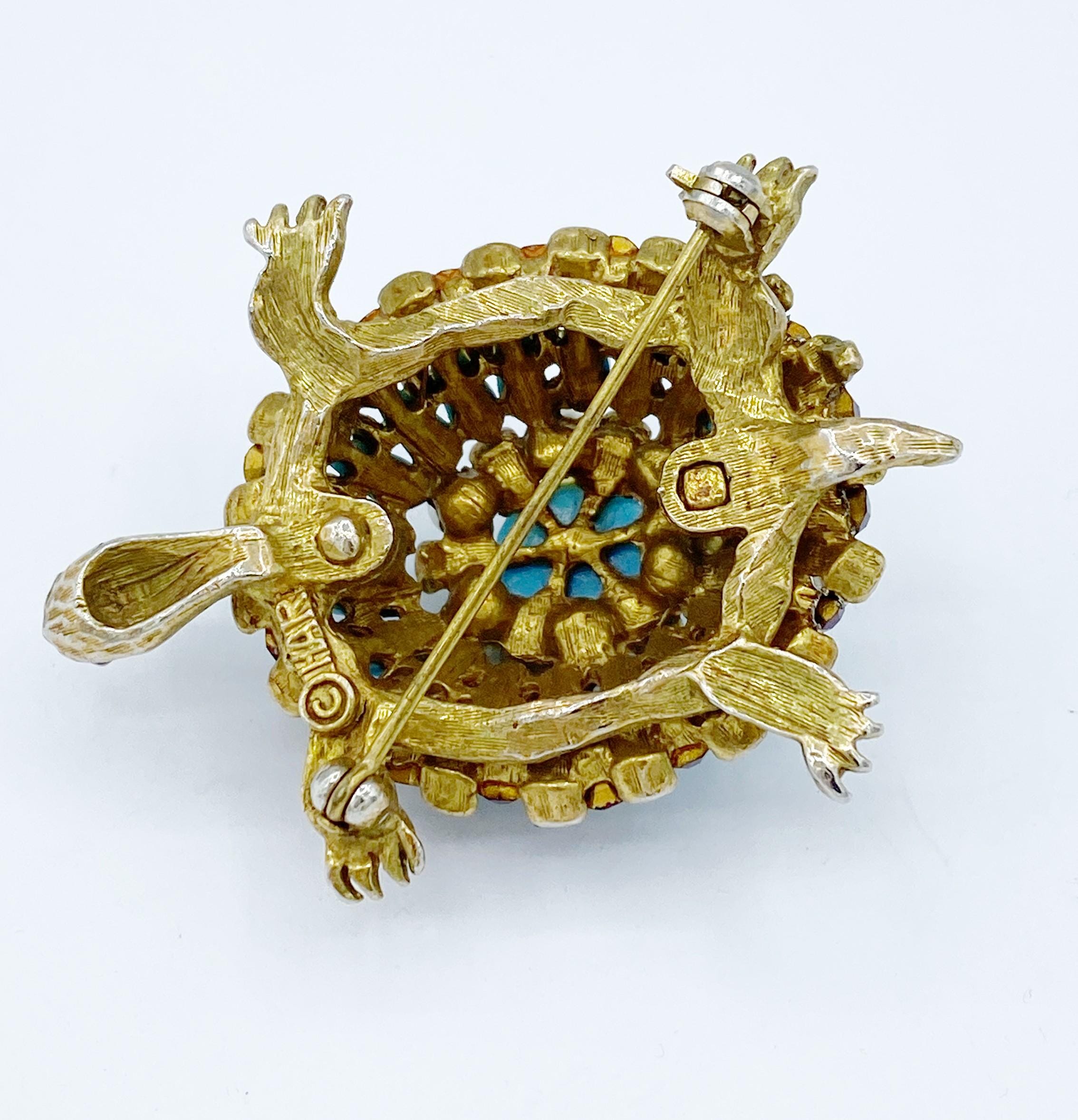 Vintage HAR Gold-tone Faux Turquoise & Rhinestone Turtle Pin - Etsy