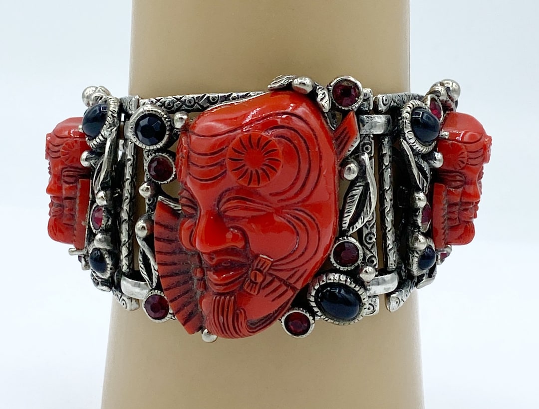 Vintage Signed Chunky Selro Selini Red Japanese Demon Noh Silver-tone ...