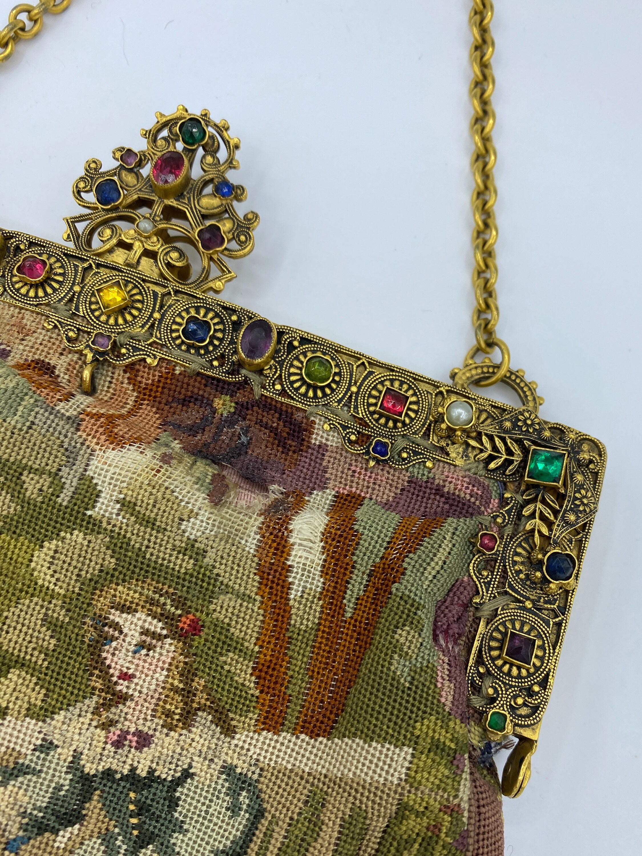 Victorian French Petit Point Purse W/ Jeweled Frame Gondola & Courting ...