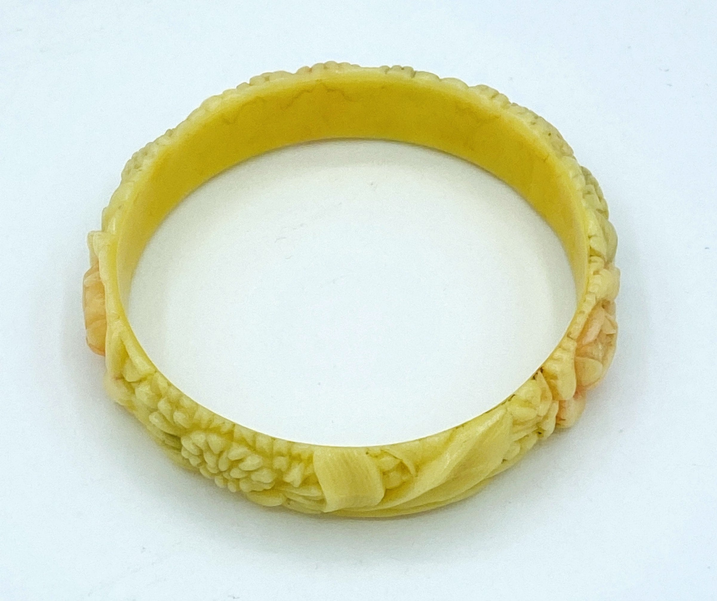 Vintage Deeply Carved Floral Celluloid Bangle Bracelet Roses Mums and ...