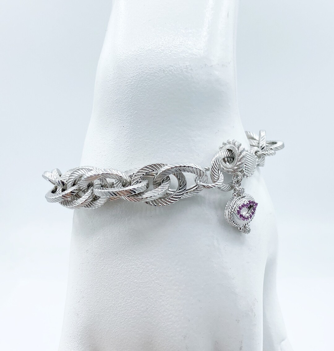 Judith Ripka Sterling Silver Link Bracelet W/ Rhinestone Lip Charm ...