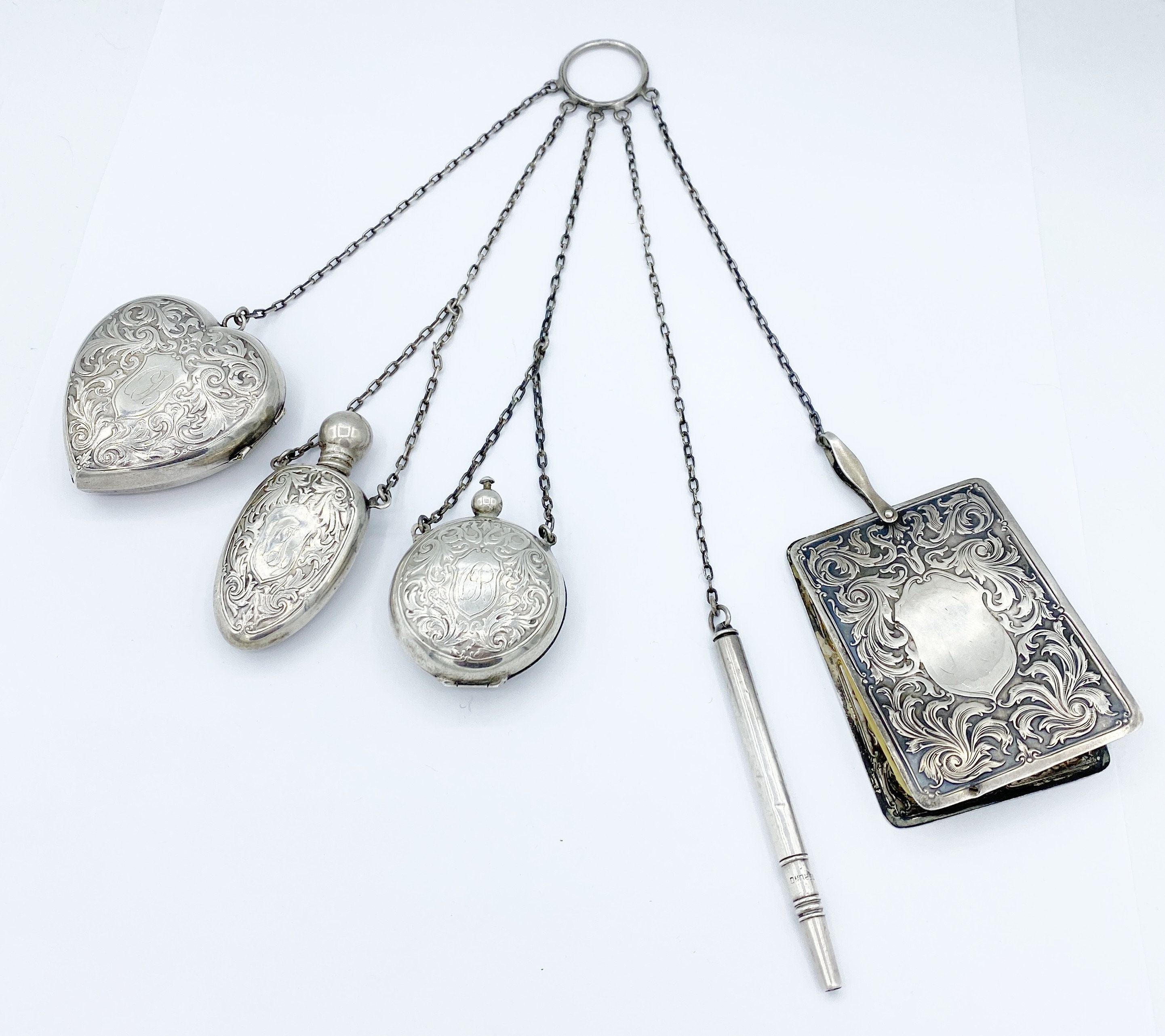 Antique Sterling Silver Chatelaine W Perfume Patch Box Notepad Pencil & Locket - Etsy