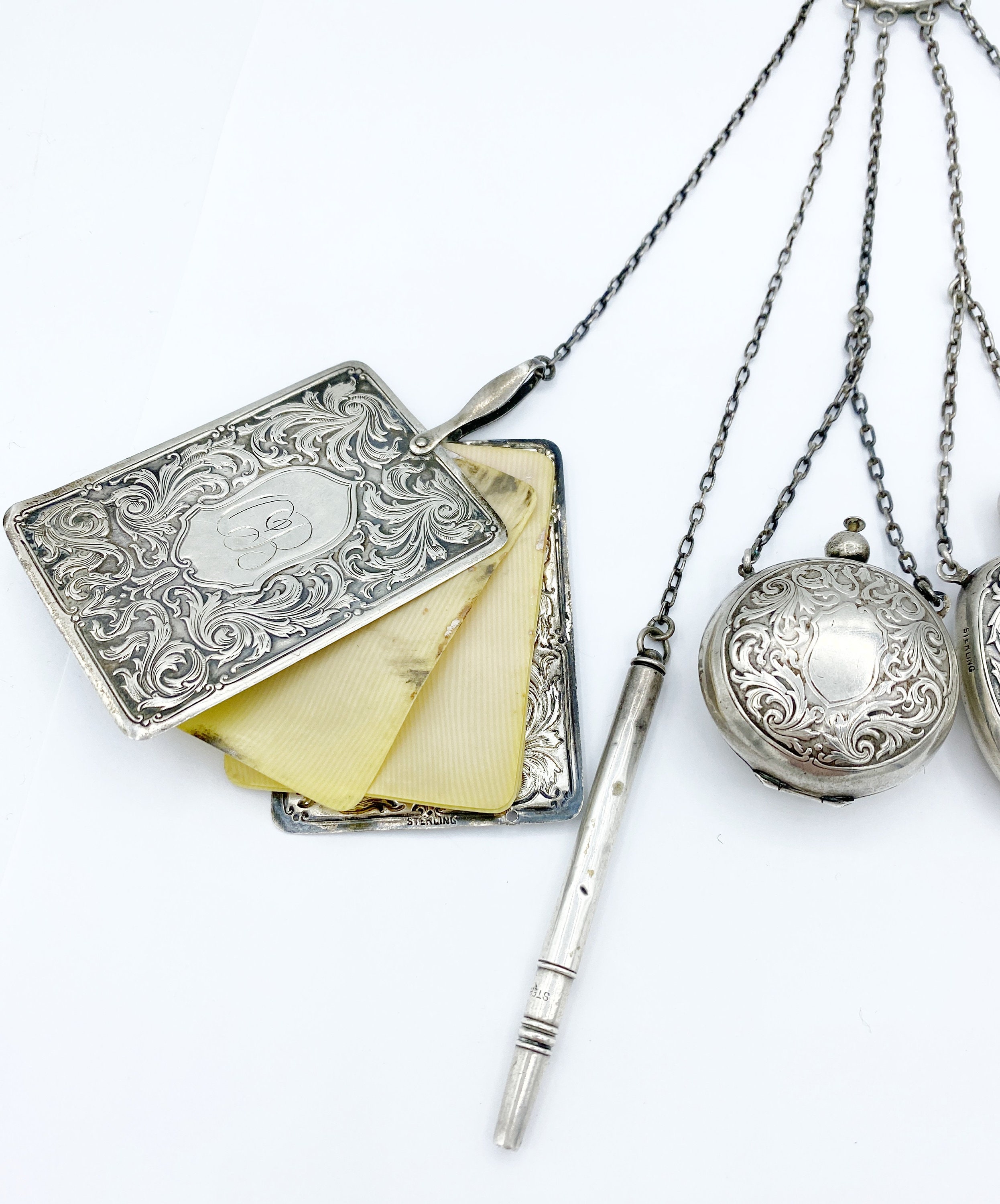 Antique Sterling Silver Chatelaine W Perfume Patch Box Notepad Pencil & Locket - Etsy