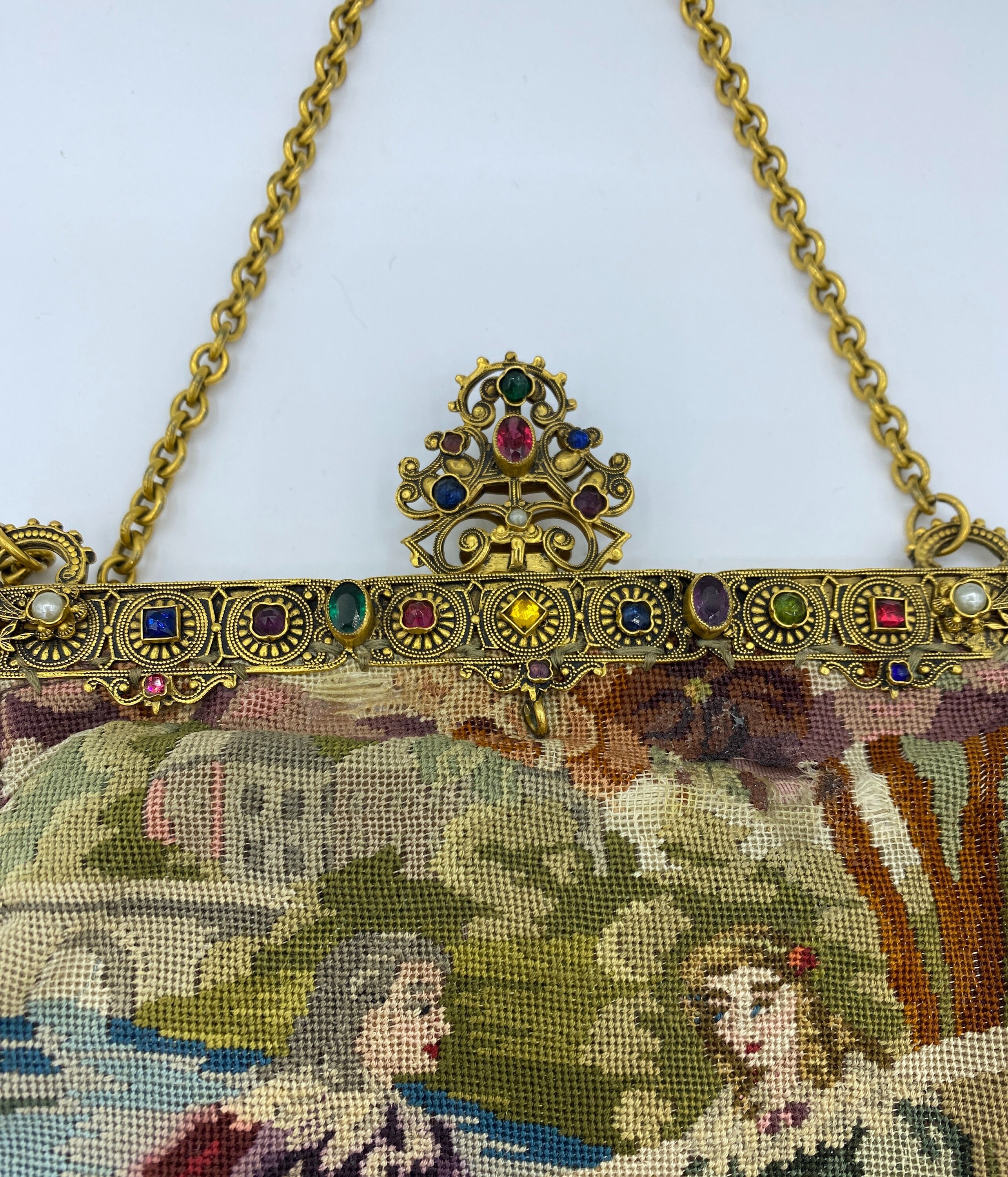 Victorian French Petit Point Purse W/ Jeweled Frame Gondola & Courting ...