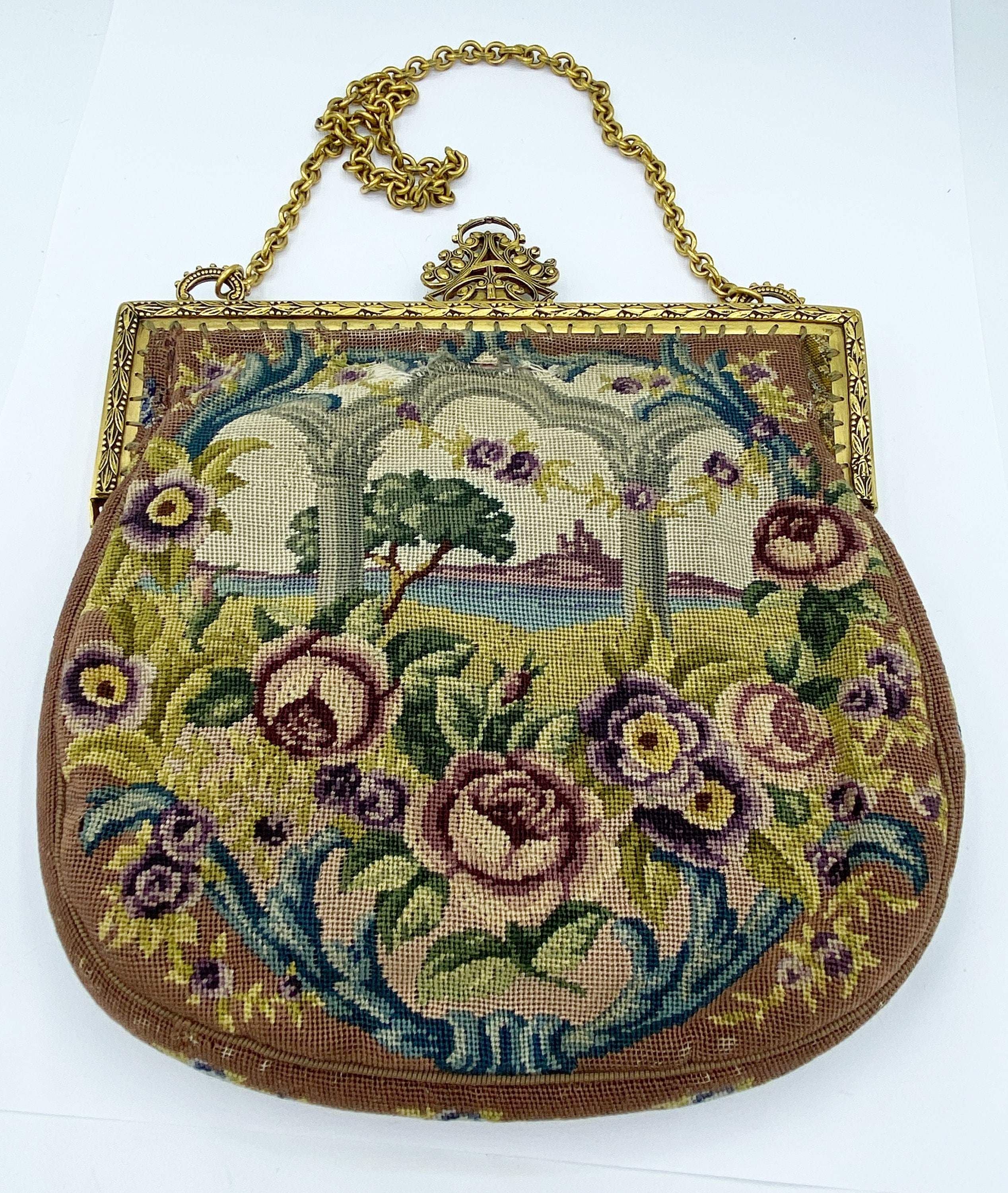 Victorian French Petit Point Purse W/ Jeweled Frame Gondola & Courting ...