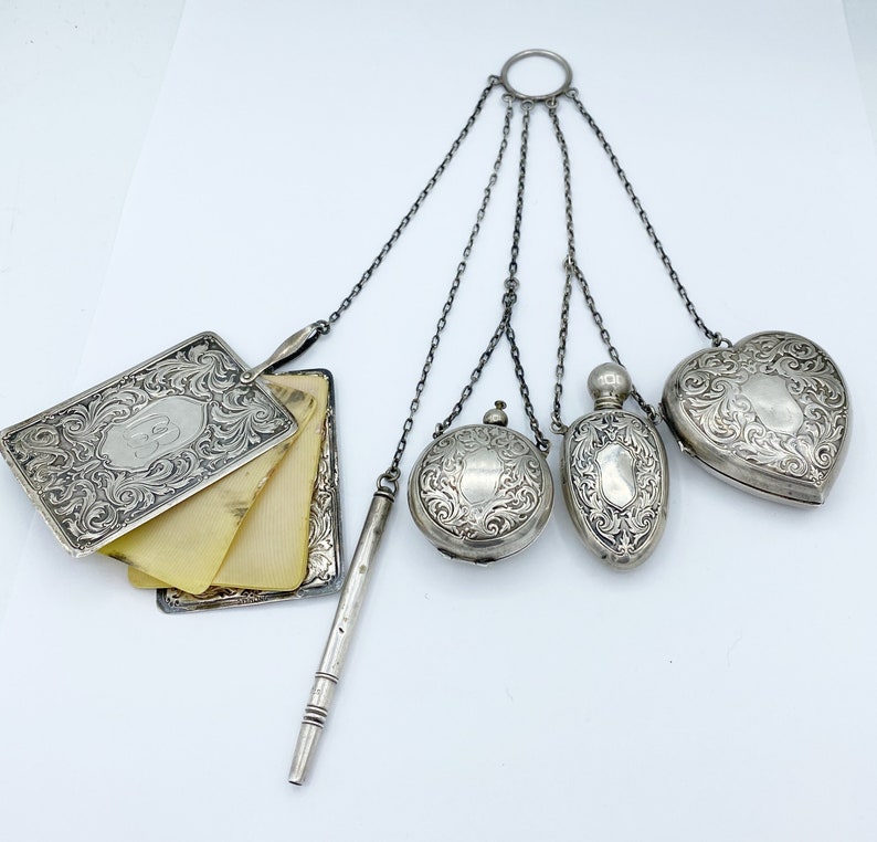 Antique Sterling Silver Chatelaine W Perfume Patch Box Notepad Pencil ...