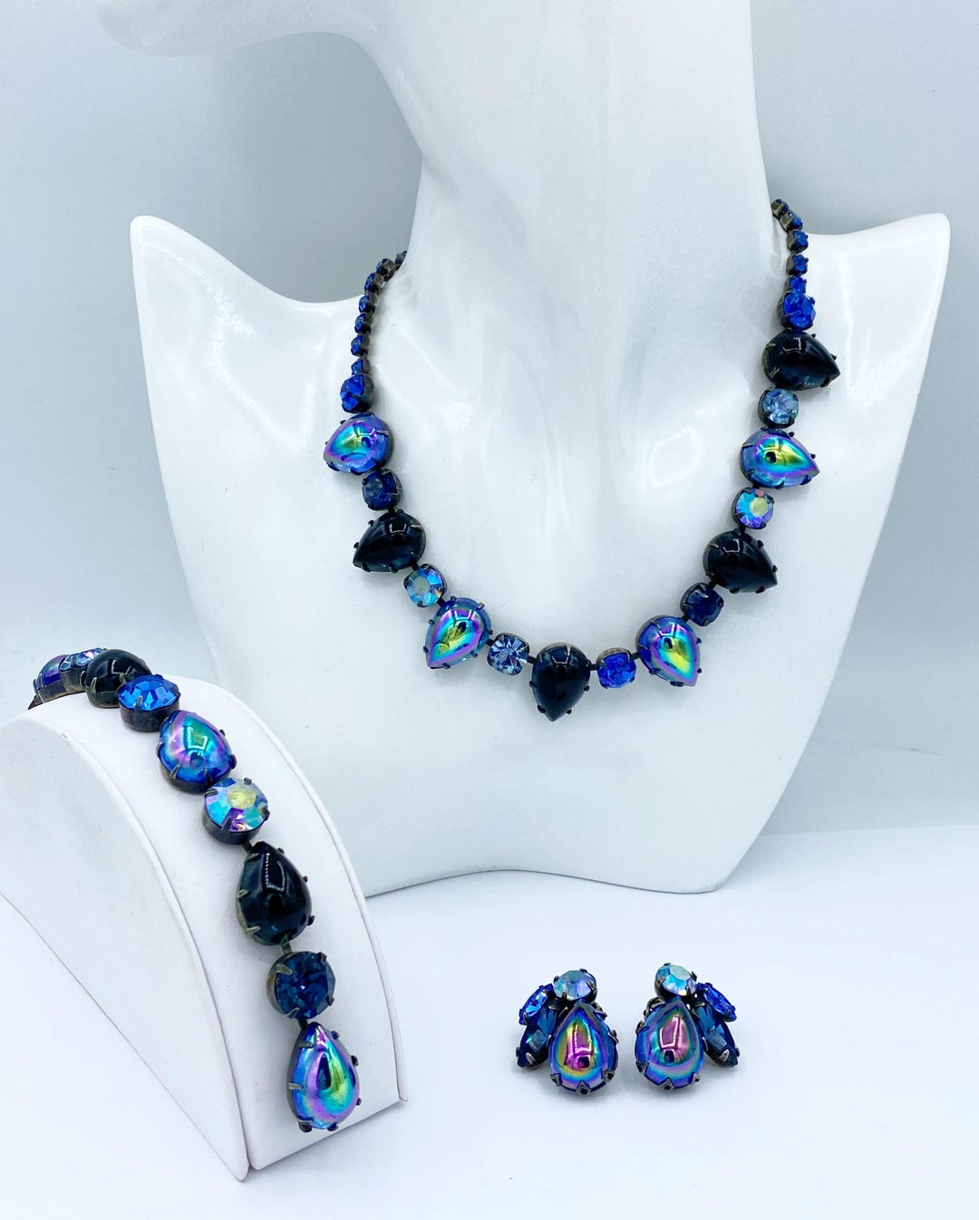 3 Pc Vintage Signed Regency Blue & Black Parure Necklace Bracelet ...