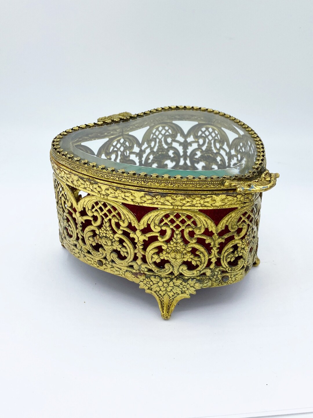 Antique Heart Filigree Jewelry Casket Trinket Box W Clear Beveled Glass ...