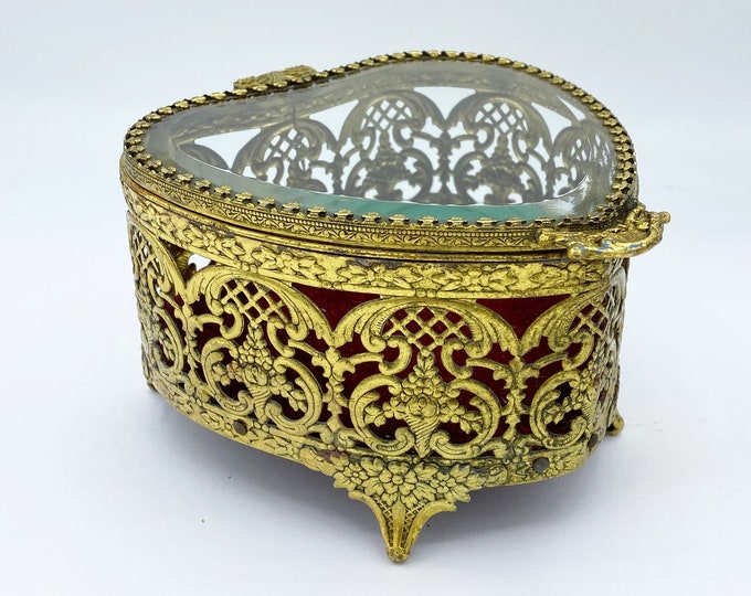 Antique Heart Filigree Jewelry Casket Trinket Box W Clear Beveled Glass ...