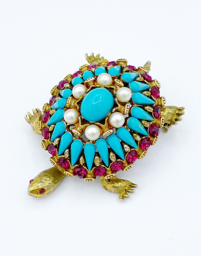 Vintage HAR Gold-tone Faux Turquoise & Rhinestone Turtle Pin - Etsy