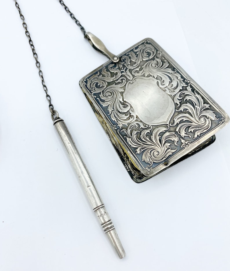 Antique Sterling Silver Chatelaine W Perfume Patch Box Notepad Pencil ...
