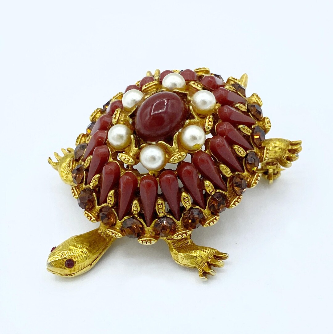 Vintage HAR Gold-tone Faux Carnelian & Pearl Rhinestone Turtle Pin - Etsy