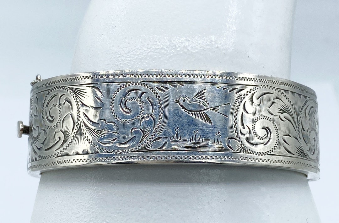 Vintage Wide Sterling Silver Hinged Bangle Bracelet W/ Engraved Sparrow ...
