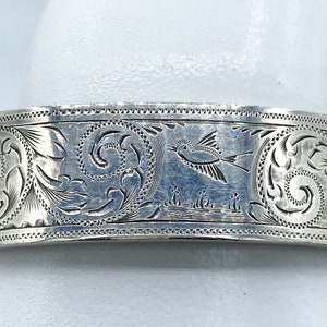 Vintage Wide Sterling Silver Hinged Bangle Bracelet W/ Engraved Sparrow ...