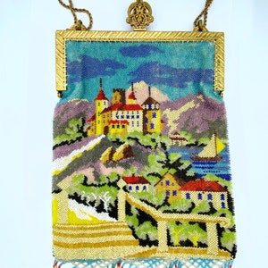 Antique Micro-beaded Purse W/ Scenic Castle Ship Buildings Jeweled ...
