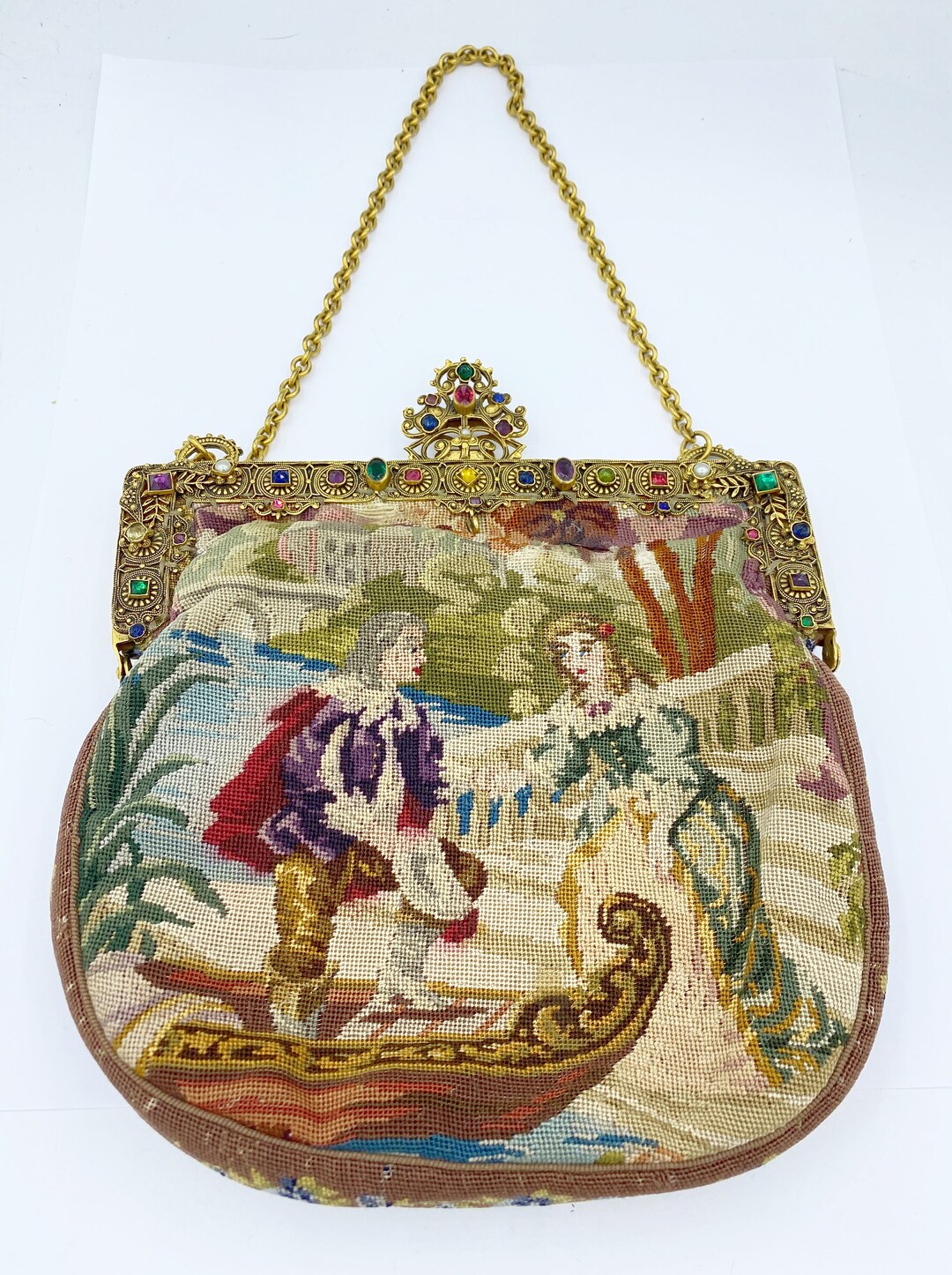 Victorian French Petit Point Purse W/ Jeweled Frame Gondola & Courting ...