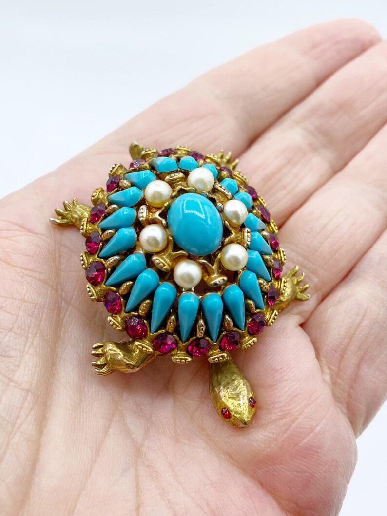 Vintage HAR Gold-tone Faux Turquoise & Rhinestone Turtle Pin - Etsy