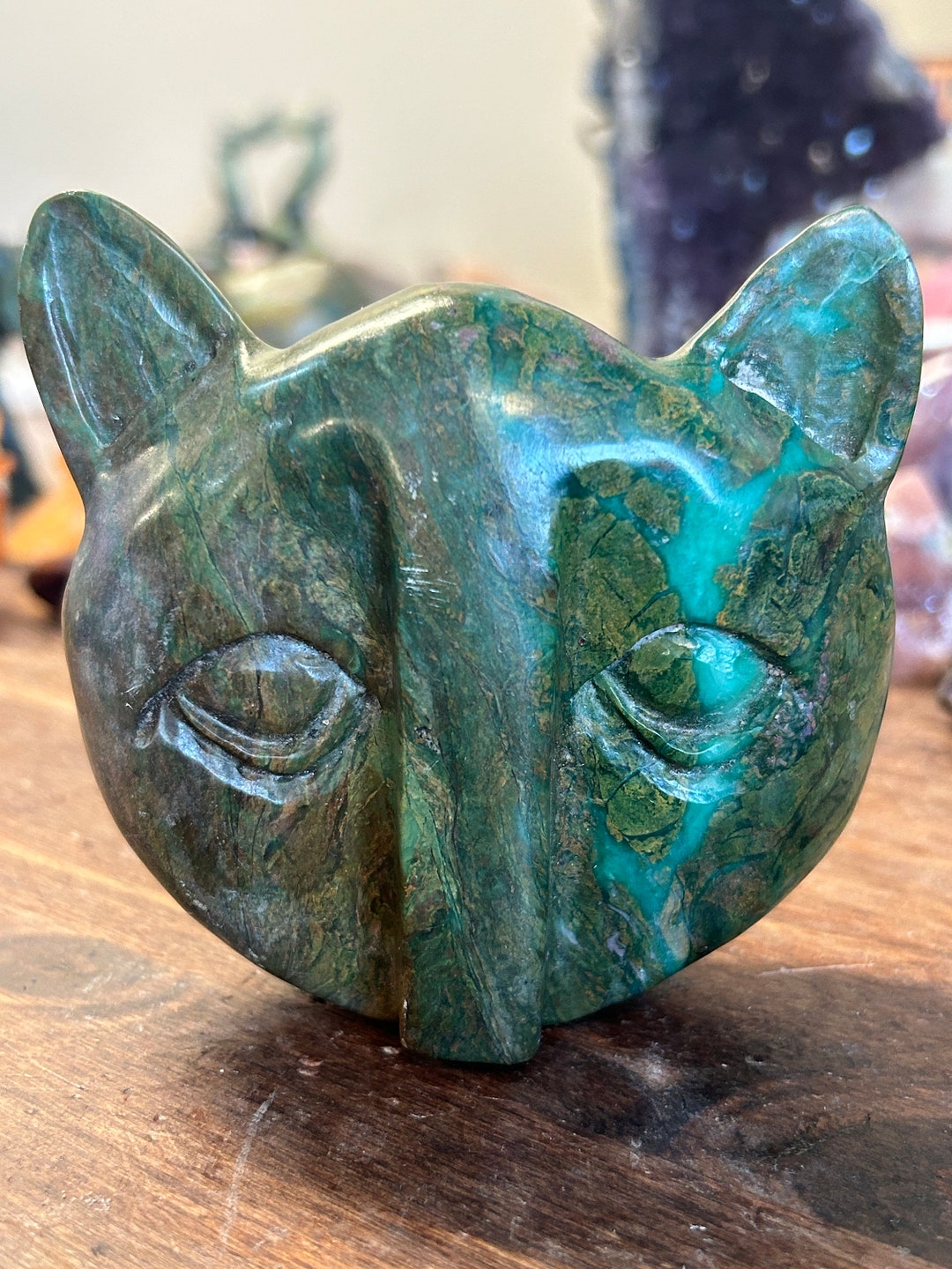 Large 1.6LB Green Verdite Hand Carved Cat Face | Spirit Animal Totem ...