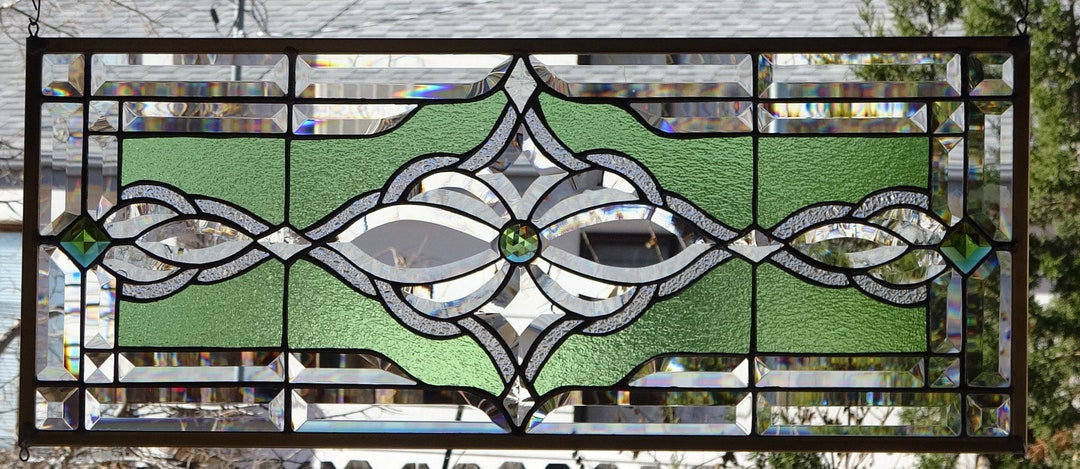 Stained Glass Transom Window Hanging 29 1/2 X 13 INCLUDING HOOKS BRASS ...