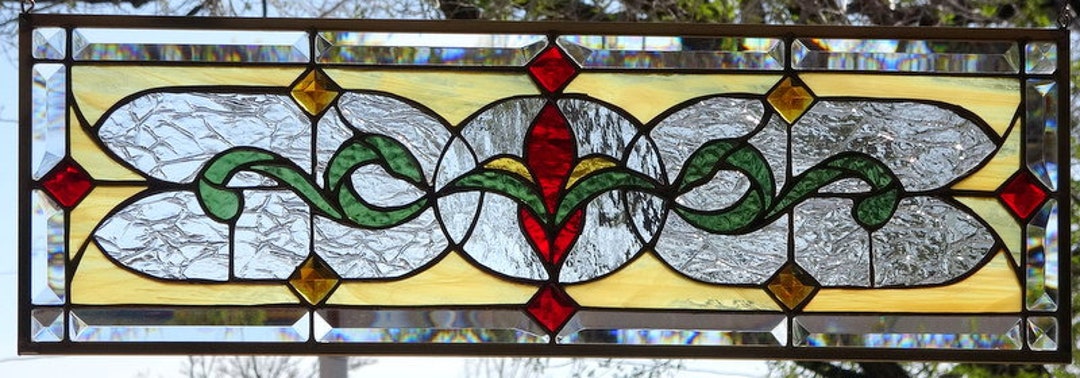 Stained Glass Transom Window HANGING PANEL 26 1/2 X 9 1/2 Incl Hooks ...