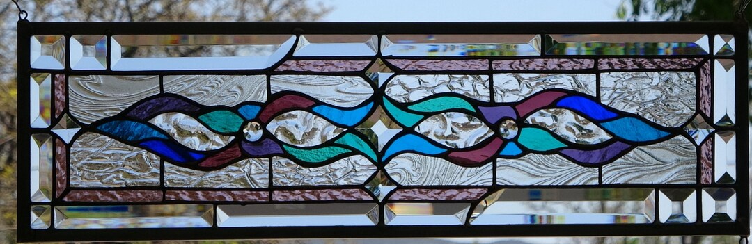 Abstract Stained Glass Transom Window HANGING 27 X 8 3/4 Including ...