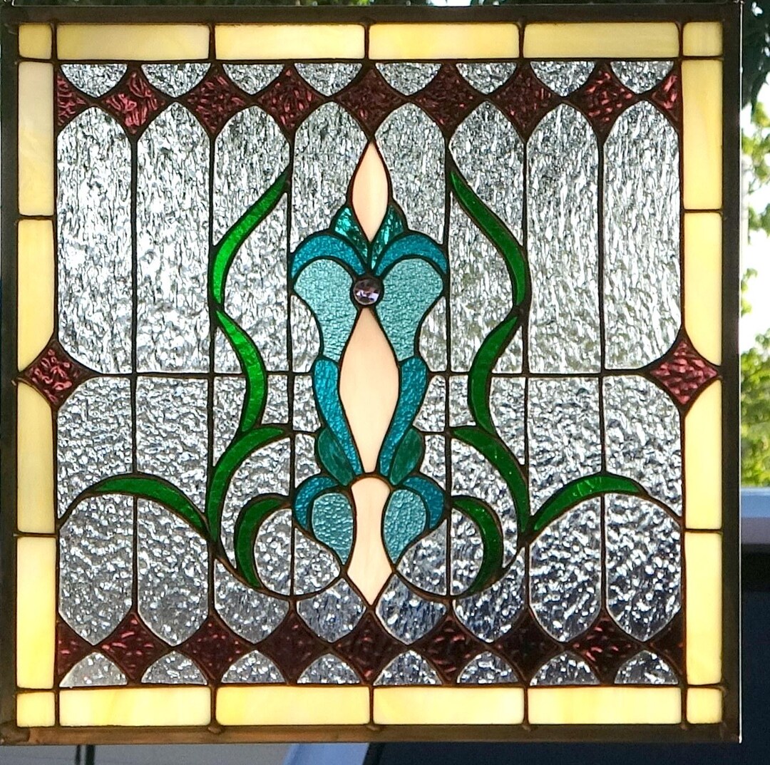 Beautiful Stained Glass Window Hanging 19 1/4 X 19 3/4 Including Hooks ...