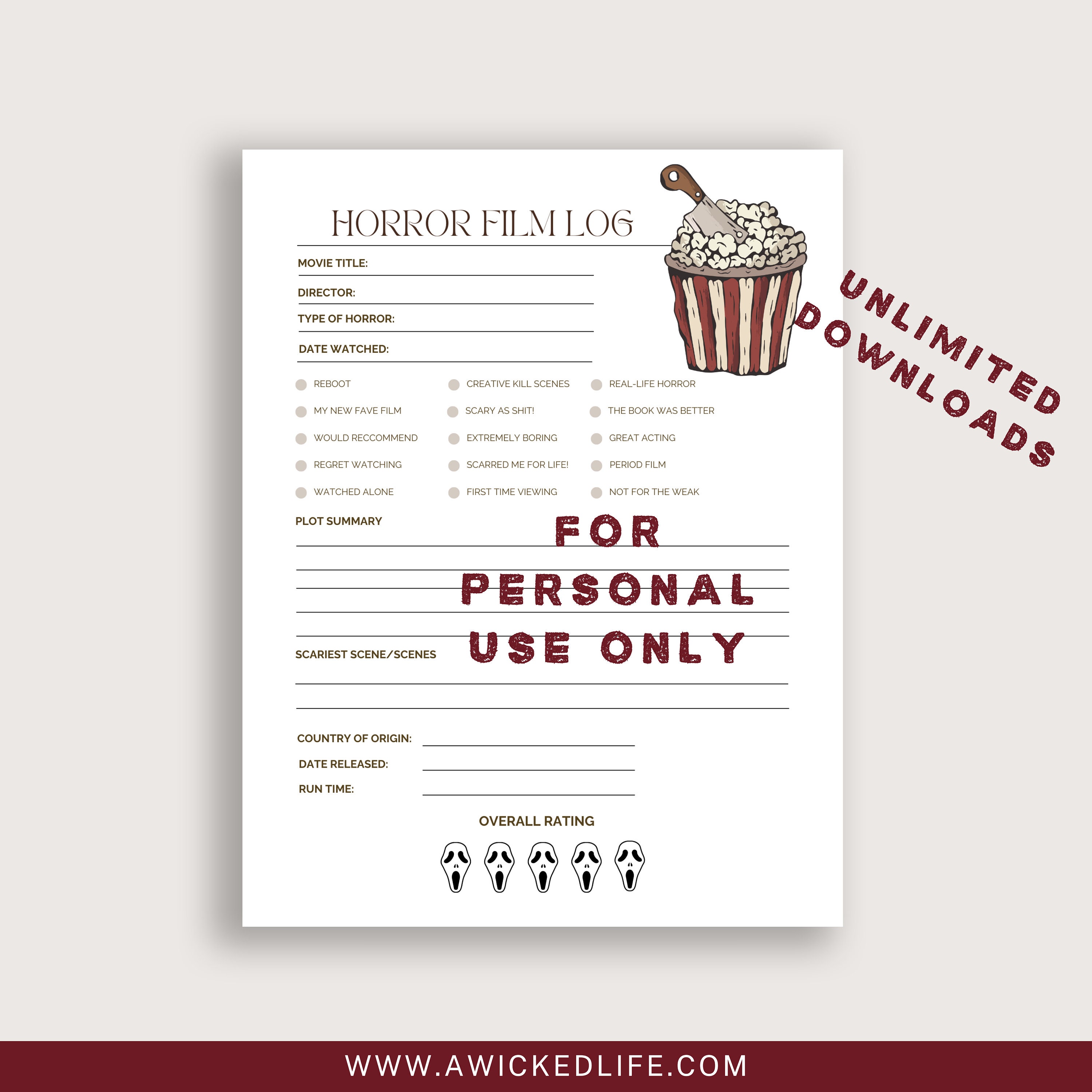 Horror Film Log Sheets, Digital Download, for the Horror Fan - Etsy